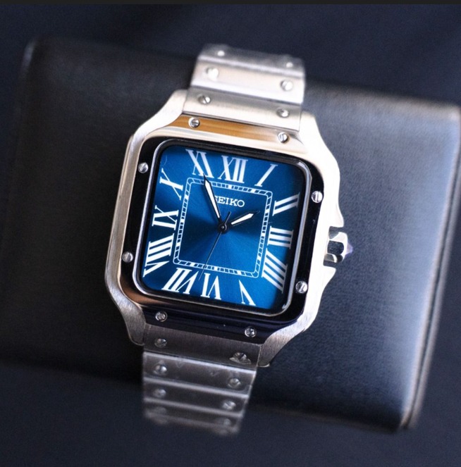[MOD] SEIKO MOD Cartier Santos Dark Blue 38mm, Men's Fashion, Watches ...