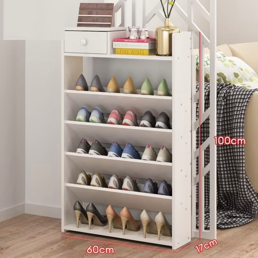 Slim Wooden Shoe Rack With Drawer | Space Saving Multi Tier Entryway ...