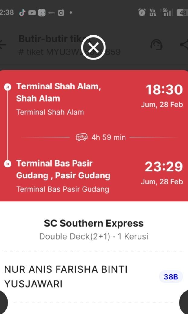 Tiket bas dari stesen shah alam ke pasir gudang, Tickets & Vouchers ...