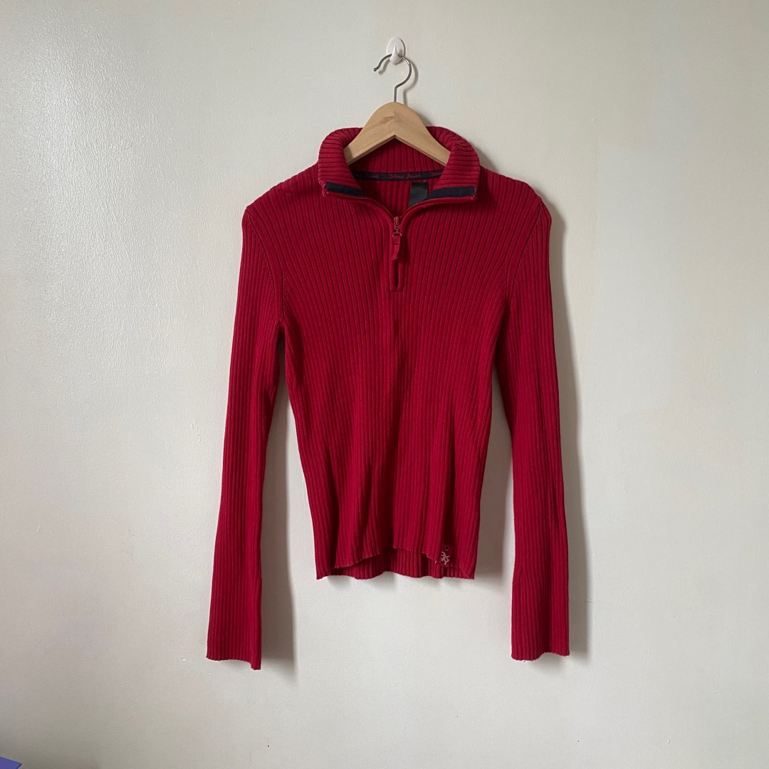 Authentic DKNY Red Half Zip Longsleeves Top, Women's Fashion, Tops ...