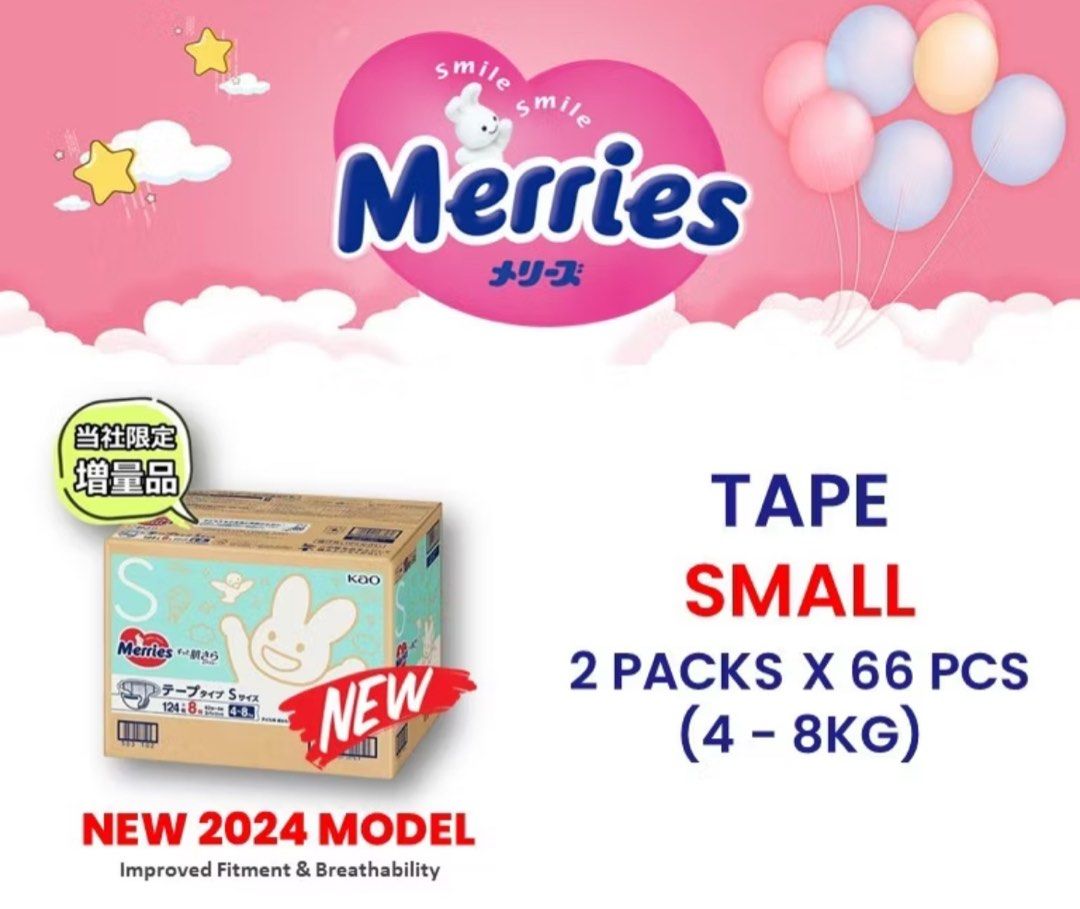[SALE] Merries Baby Tape Diapers Kao Brand New Packs Size S 4 - 8kg ...