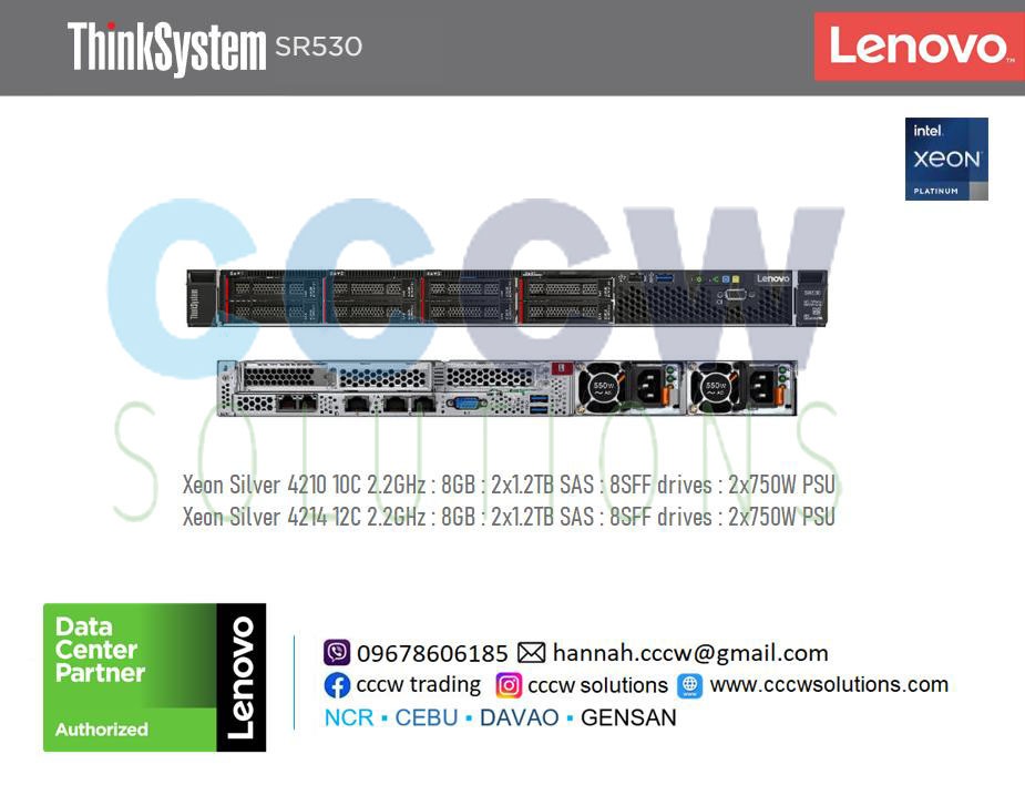 Server - ThinkSystem SR530 Gen2 - Rack 1U (2.5" HDD) Processor: Intel Xeon Silver 4210 10C 85W 2 ...