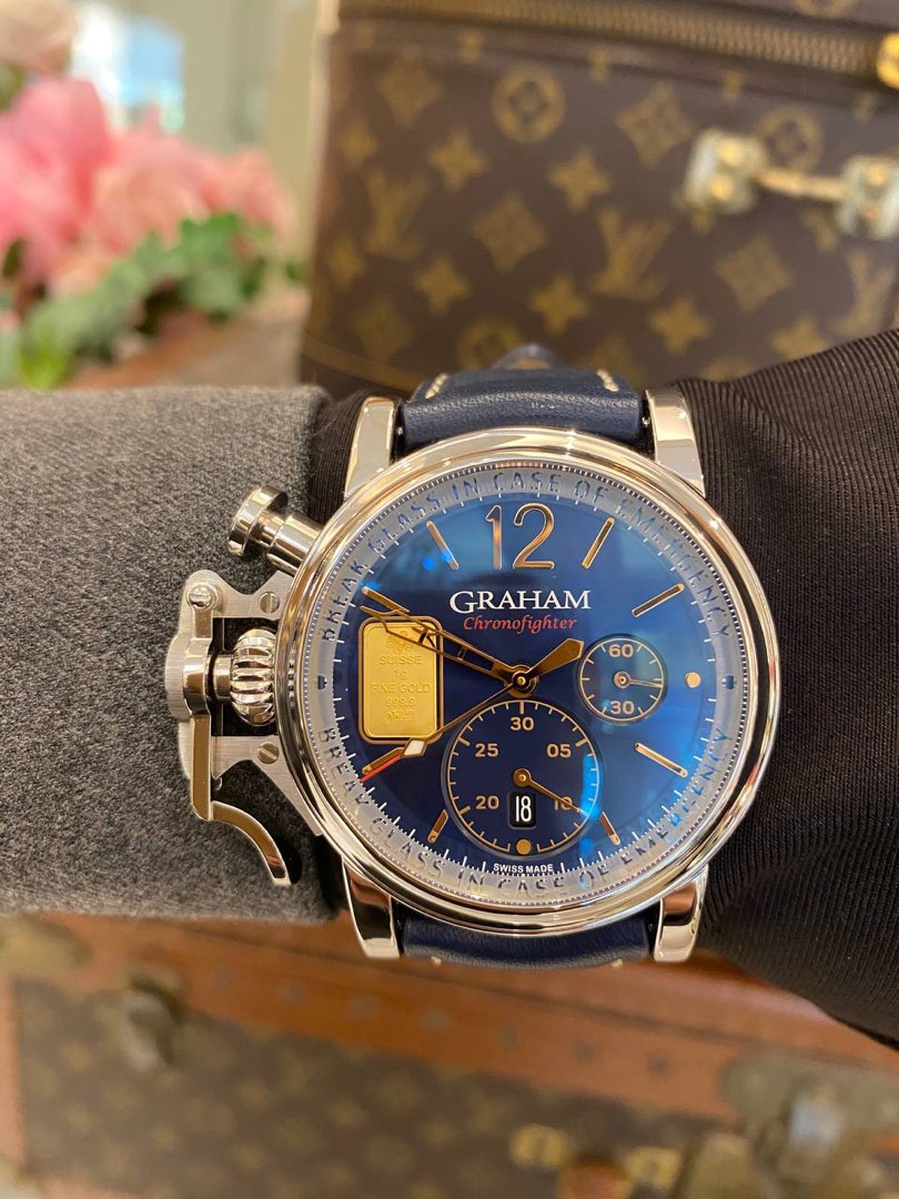 (UNUSED) 2021 GRAHAM CHRONOFIGHTER VINTAGE GOLD EMERGENCY BLUE EDITION DIAL INLAID WITH 1G 999 ...