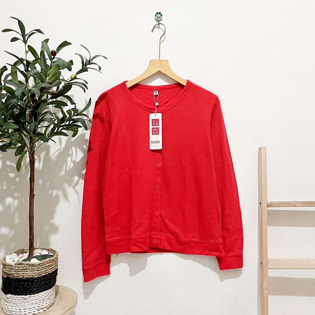 Cardigan Uniqlo waffle orange ke merah kerah O bahan cotton adem lembut ...