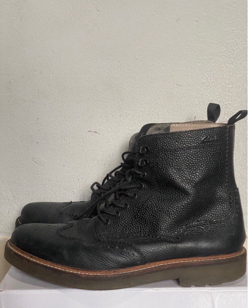 Clarks Monmart Rise Wing Tip Brogue Black Leather Boots Lace Up Shoes ...