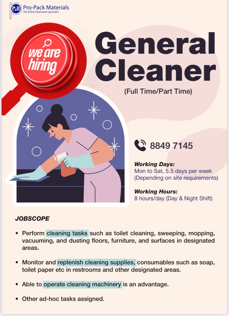 General Cleaner (Full Time/Part Time), Jobs, Cleaning on Carousell