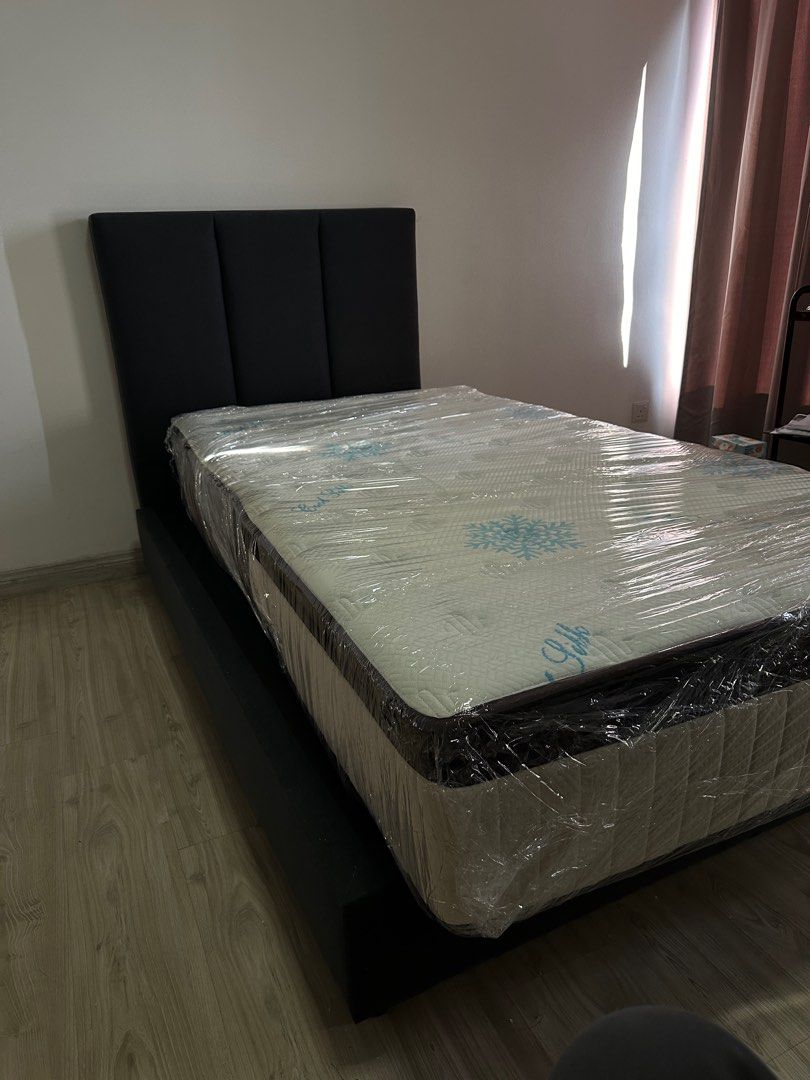 Katil tilam/ Divan Bedframe & bed/ super single Dark grey/ cool silk ...