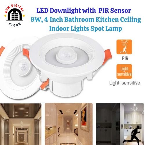 LED Downlight with PIR Sensor 9W, 4 Inch Bathroom Kitchen Ceiling ...