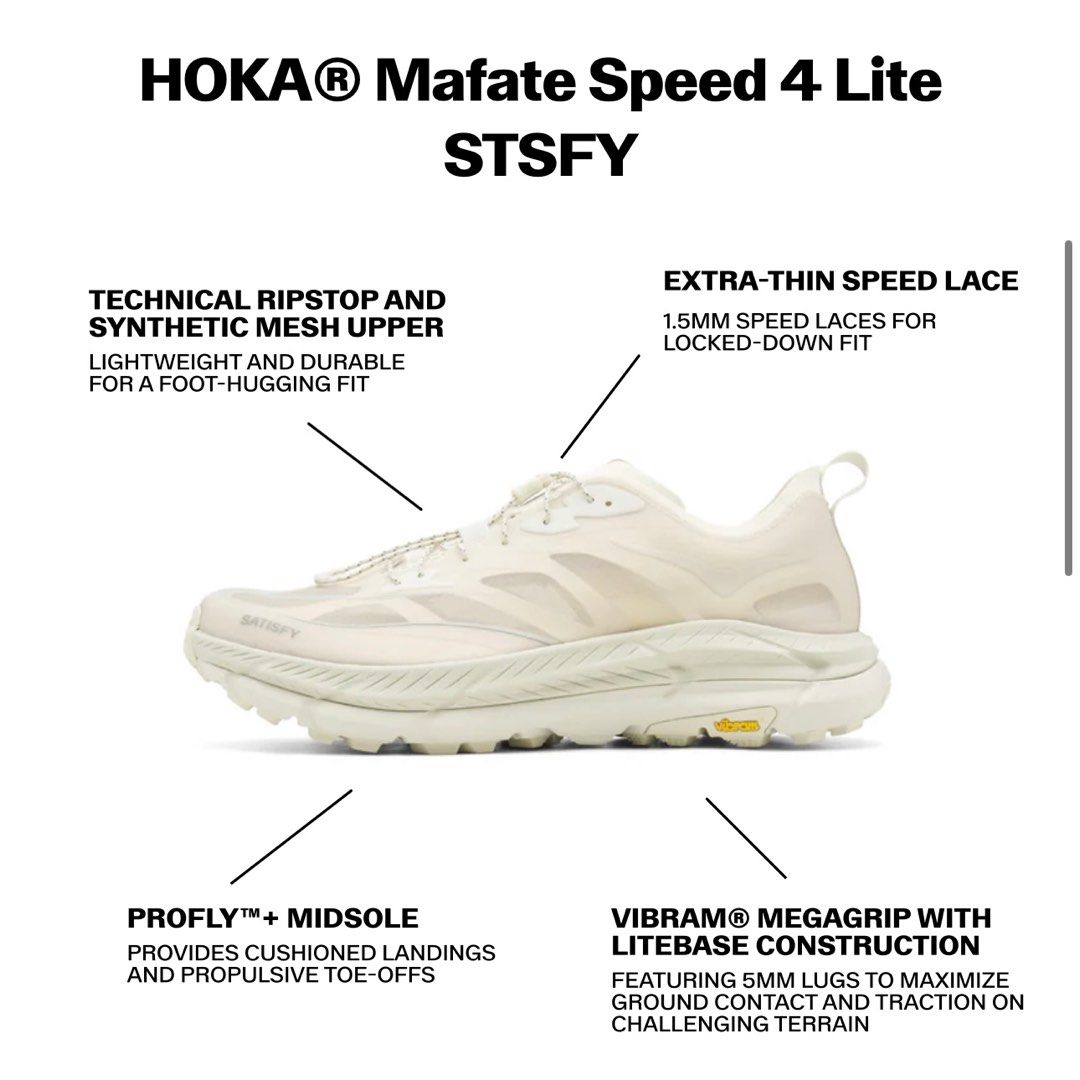 SATISFY x HOKA MAFATE SPEED 4 LITE (BONE) BRAND NEW w. RECEIPT, 男裝, 鞋 ...