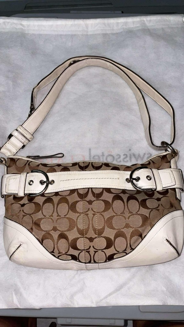Coach Signature Soft Duffle Shoulder Bag Canvas Leather Beige White ...