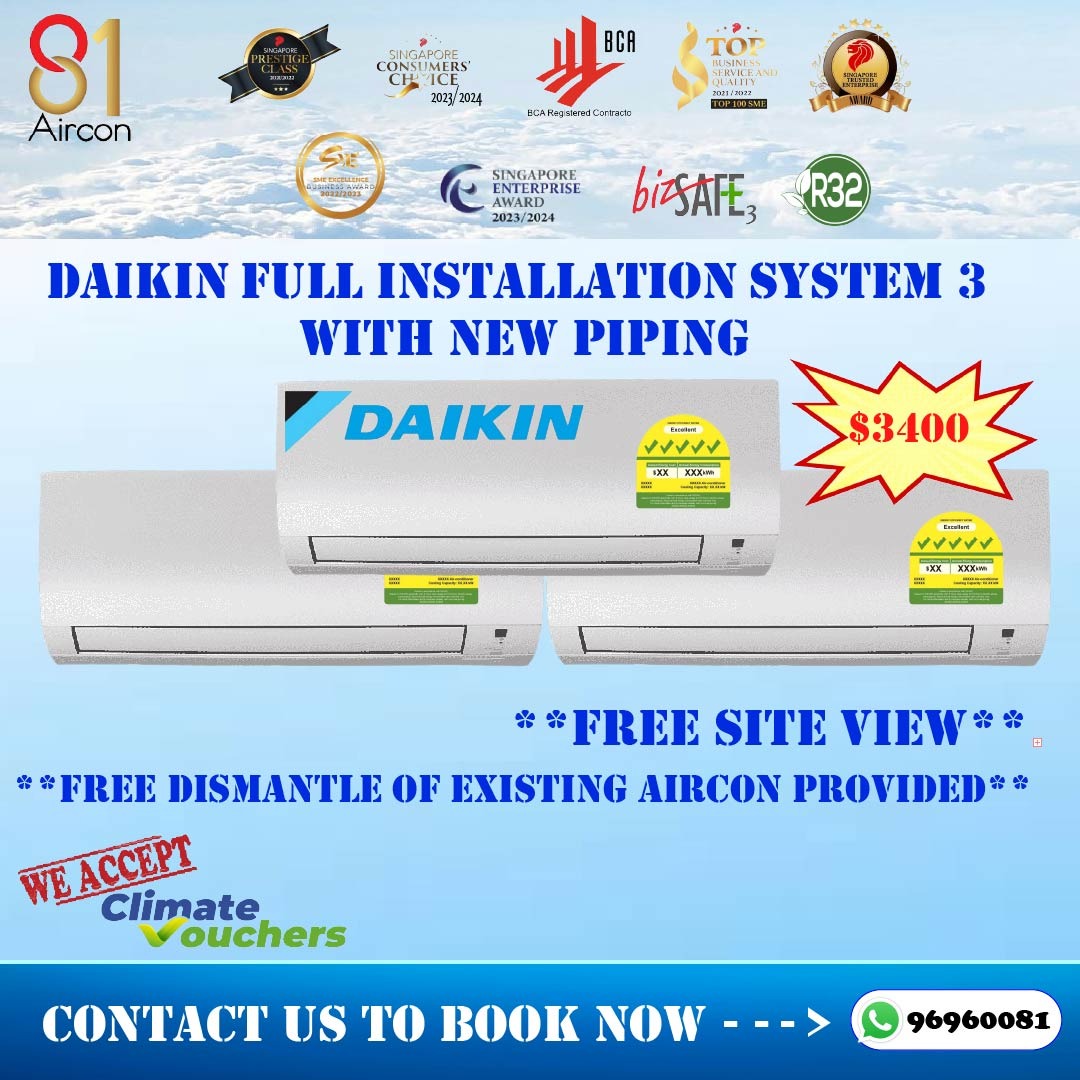 Daikin aircon system 3 full installation with new piping for HDB/CONDO ...