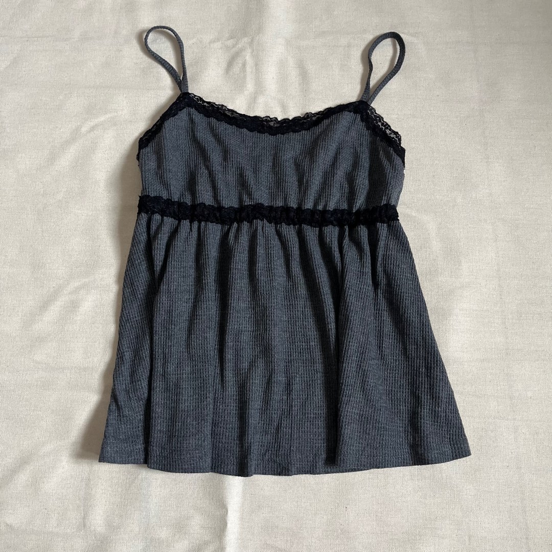 Gray Ribbed Lacey Cami Top | coquette sawako cottagecore mori kei fatal ...