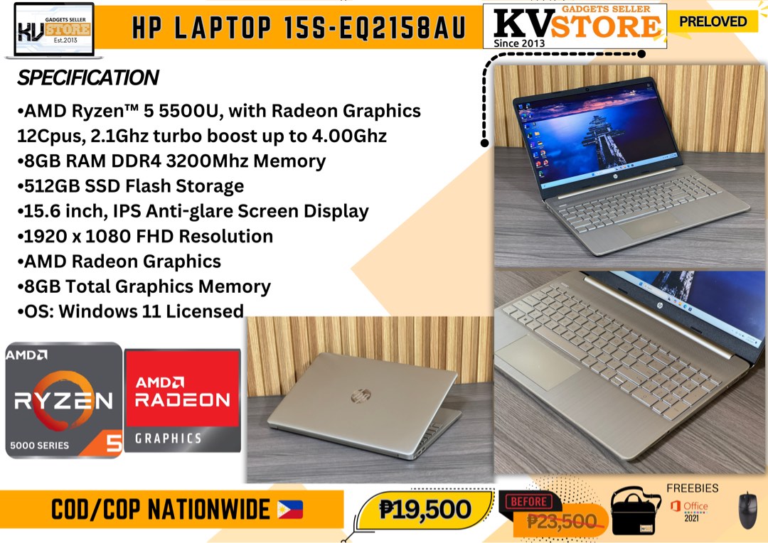 HP Laptop 15s eq2158AU Ryzen 5 5500U 8GB RAM 512GB SSD 15.6 inch IPS ...