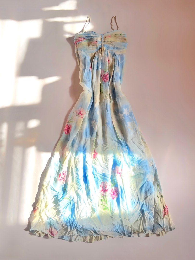 vintage shades of pastel blue & green coquette dainty flowy maxi dress ...