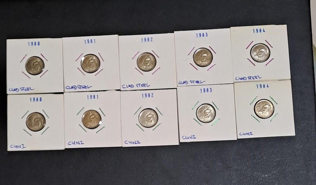 CUNI & Clad steel, 1980 to 1984, singapore 1 st series 5 cents coins ...