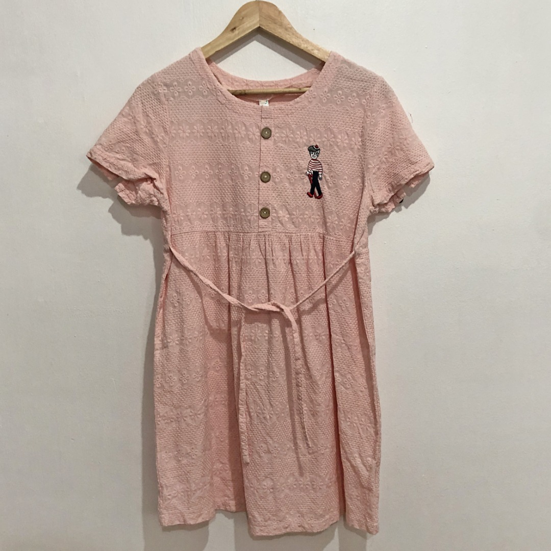 Embroidered Eyelet Where's Waldo Patch Textured Babydoll Dress, Women's ...