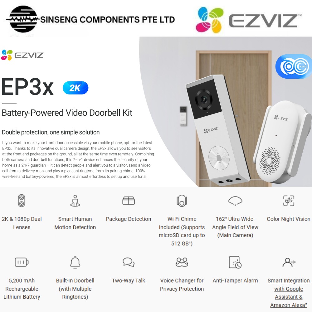 Ezviz EP3x Doorbell Dual-Lens 2K & 1080P Top to Bottom Wide Angle View ...