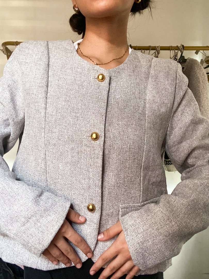 Gray Classy Pure Tweed Blazer, Women's Fashion, Coats, Jackets and ...