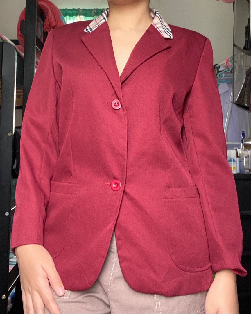 Red Comfy Formal Coat with Checkered Design, Women's Fashion, Coats ...