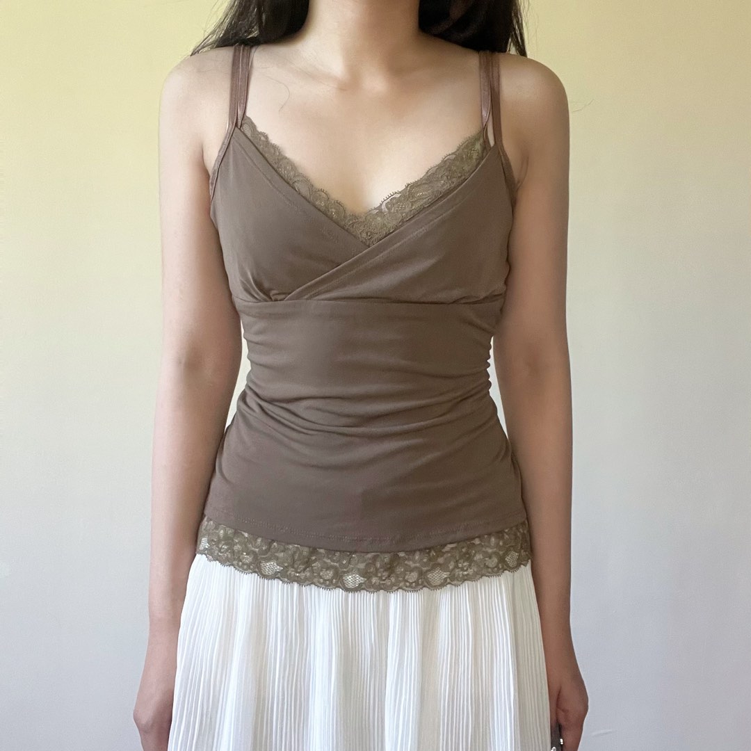 so real so right brown cottagecore y 2k lacy cami top, Women's Fashion ...