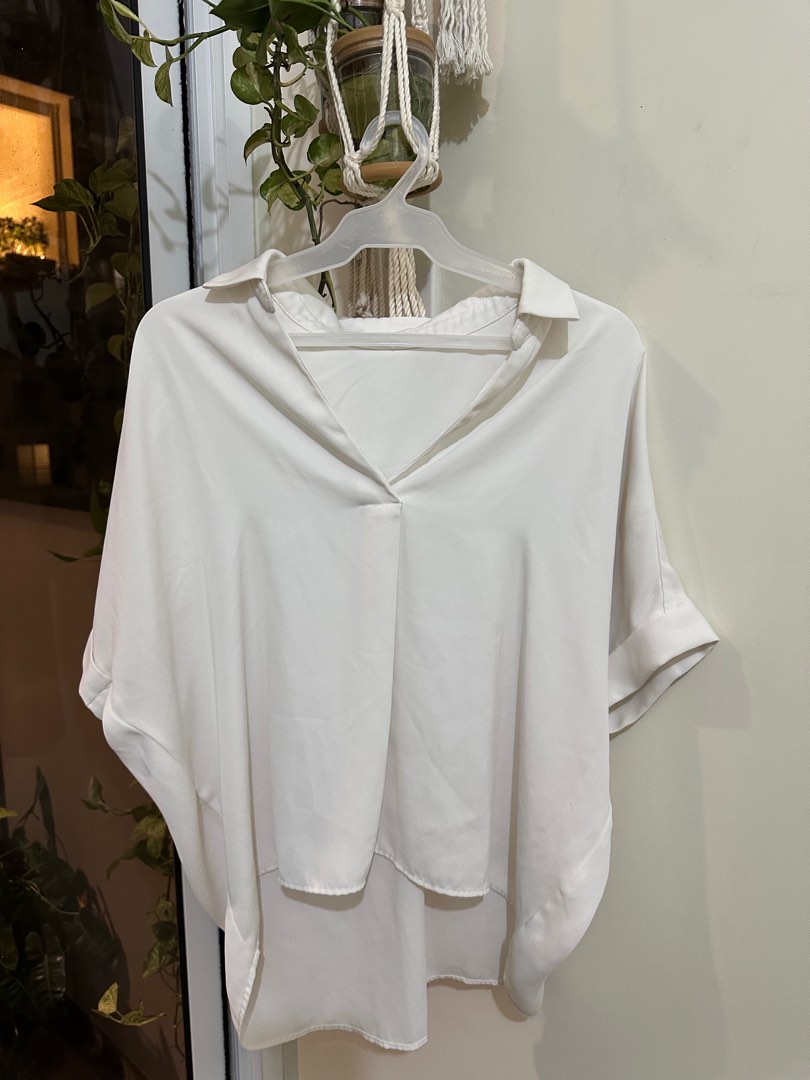 White collared bat wing Office corporate top, Women's Fashion, Tops ...