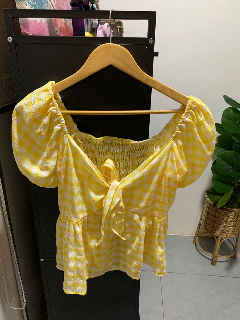 Yellow Gingham Top, Women's Fashion, Tops, Blouses on Carousell