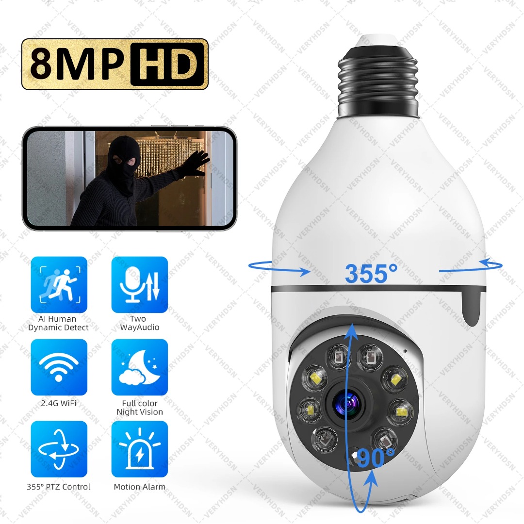2.4G Double Band 8MP E27 Bulb Camera 4X Digital Zoom AI Human Motion ...