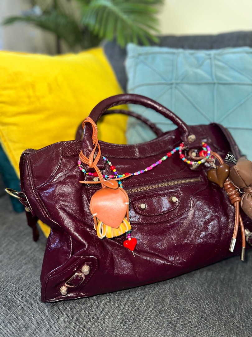 BALENCIAGA CITY BURGUNDY G12 GIANT STUDES GOLD, Women's Fashion, Bags ...