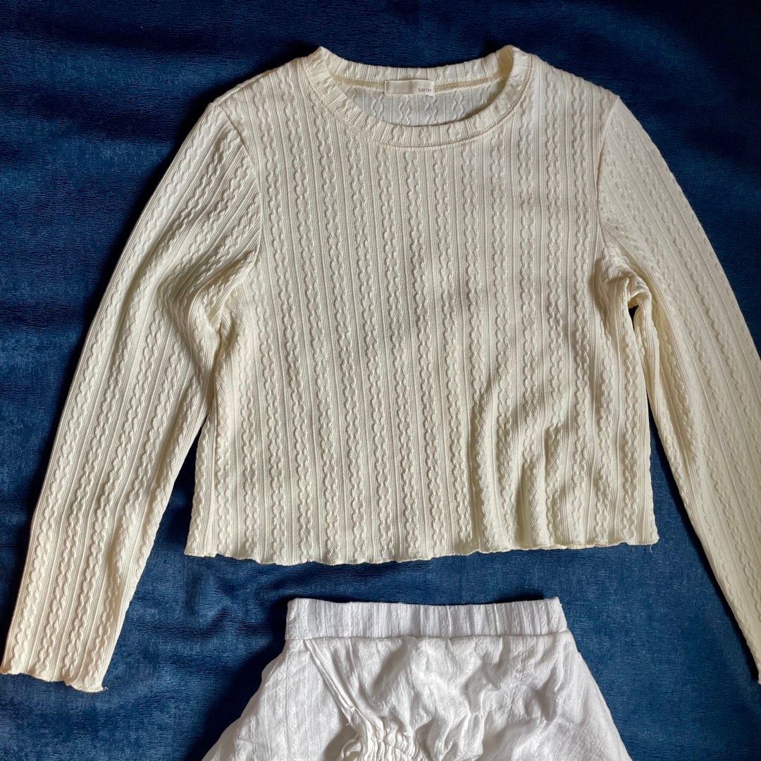 cream knitted style crop sweater type long sleeve soft look casual cute ...