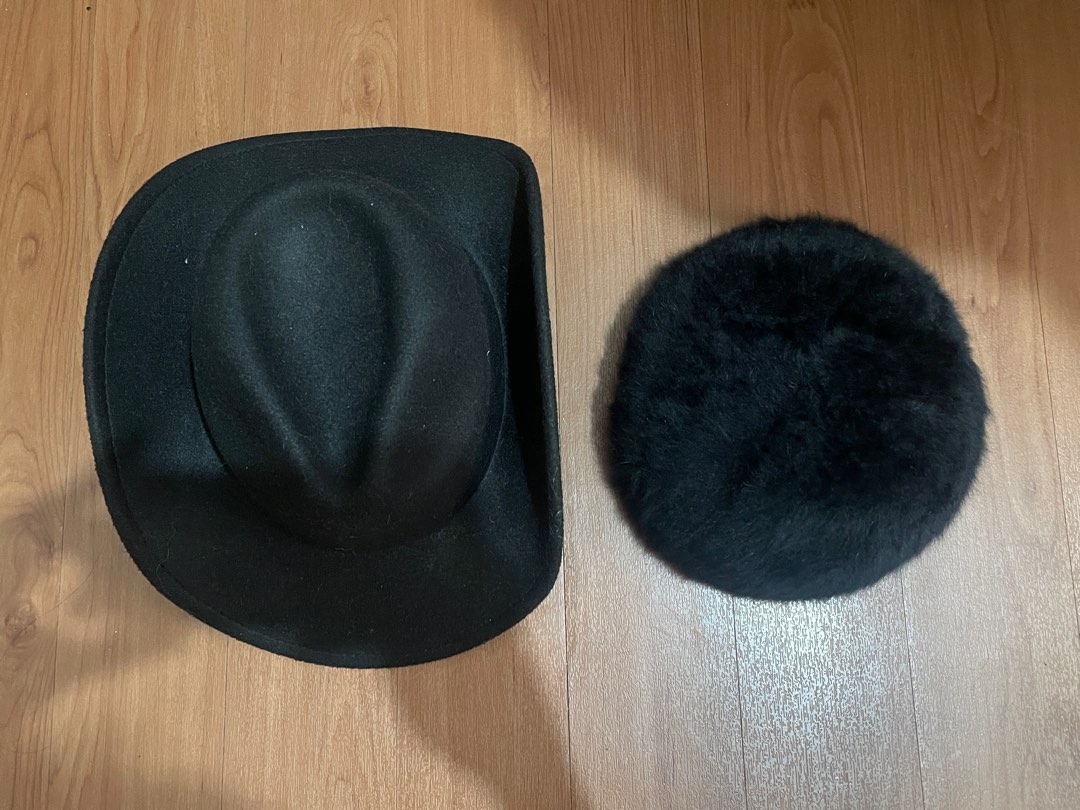 bundle! black felt cowboy hat and rabbit fur beret, Men's Fashion ...