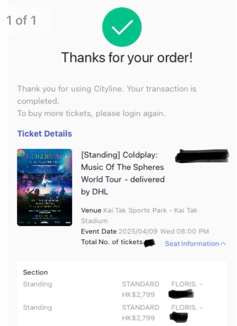 Coldplay Concert - Hong Kong (9 April 2025), 門票＆禮券, 活動門票 - Carousell