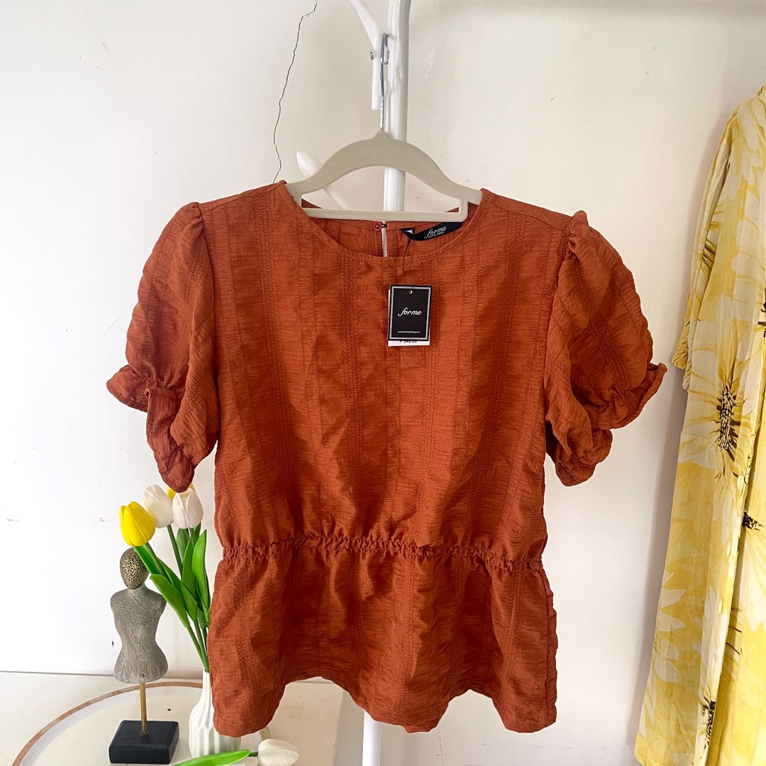 Forme Puffed Brown Blouse, Women's Fashion, Tops, Blouses on Carousell