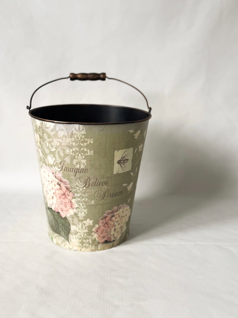 Green Floral Decoupage French Metal Bucket with Wooden Handle ...