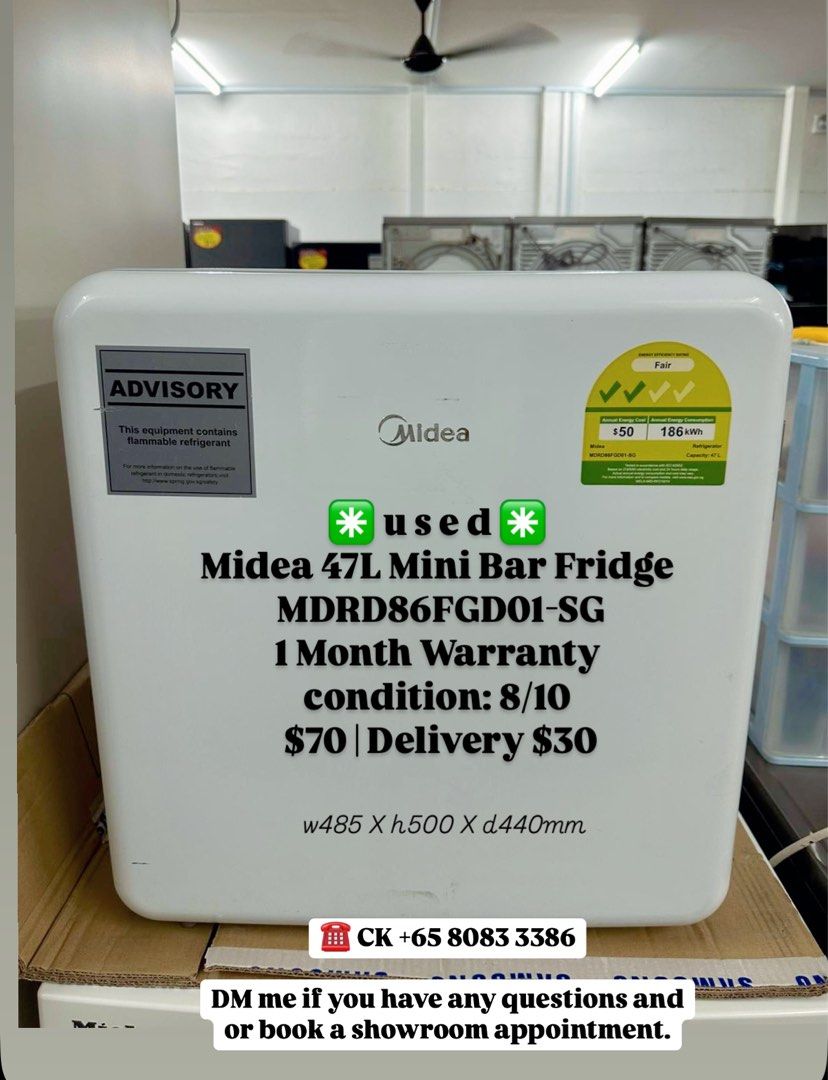 Midea 47L Mini Bar Fridge MDRD86FGD01-SG White Mini Refrigerator Second ...