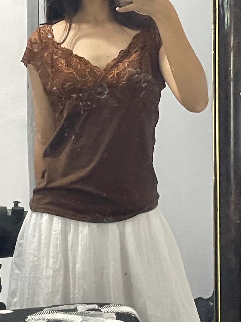 brown lace cami top cottagecore mori kei, Women's Fashion, Tops ...