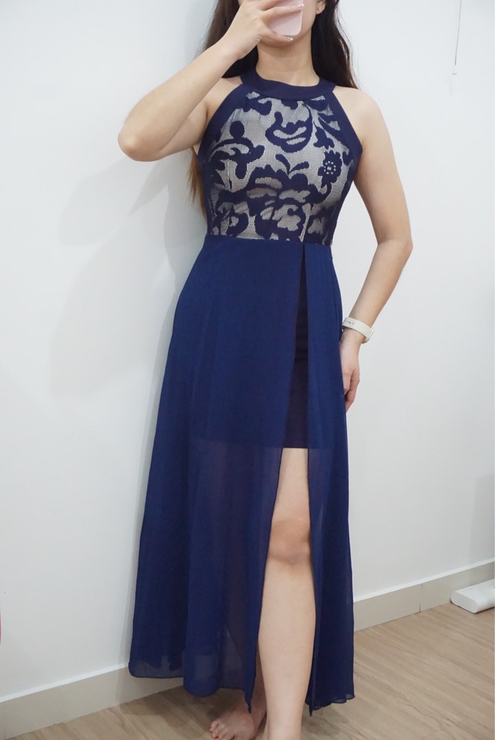 Long dress terusan biru navy blue renda lace maxi dress acara pesta ...