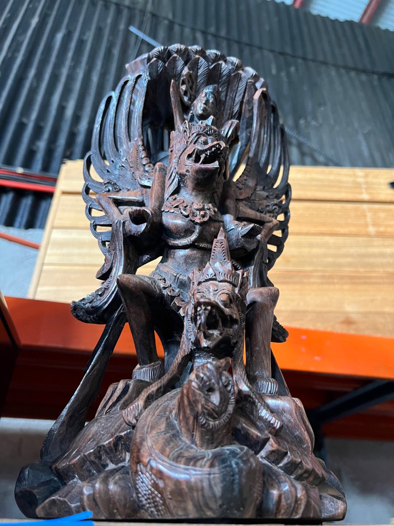Rare Hardwood Carving of Vishnu Riding Garuda Fighting Naga Snake ...