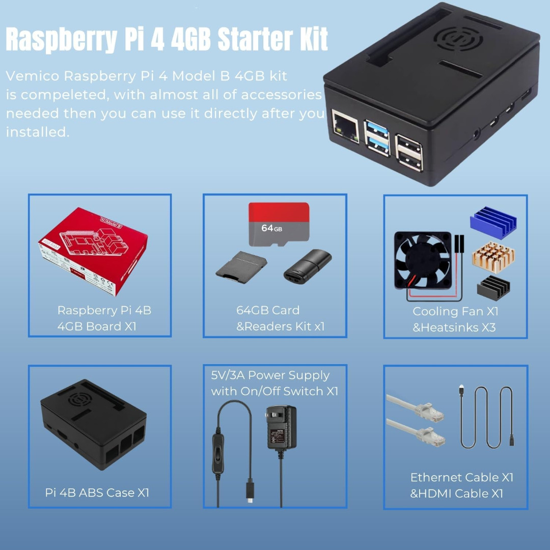 Rasberry Pi 4b 4GB Starter Kit (incl 64GB microSD, 5V3A Power Supply w ON/OFF switch, Heatsinks ...