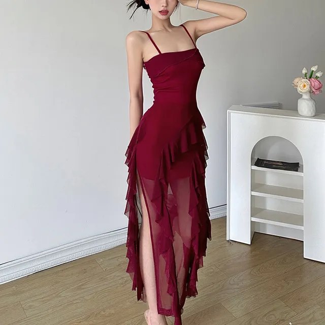 Red maroon dress body con ruffles jelly fish dress, Women's Fashion ...