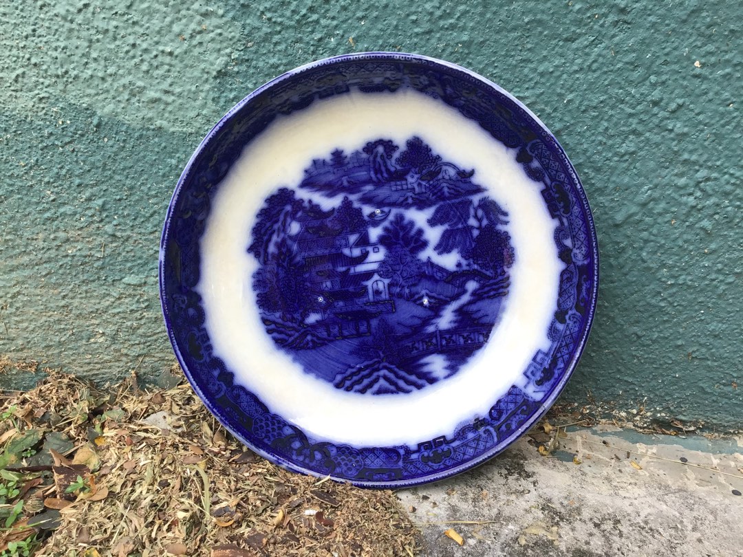 Antique Flow Blue Countryside Scene Flat Soup Bowl Staffordshire ...