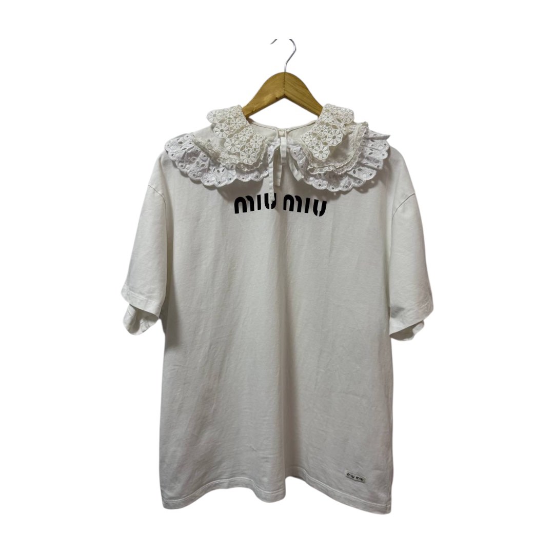 Miu Miu Lace Up Logo Tee, Luxury, Apparel on Carousell
