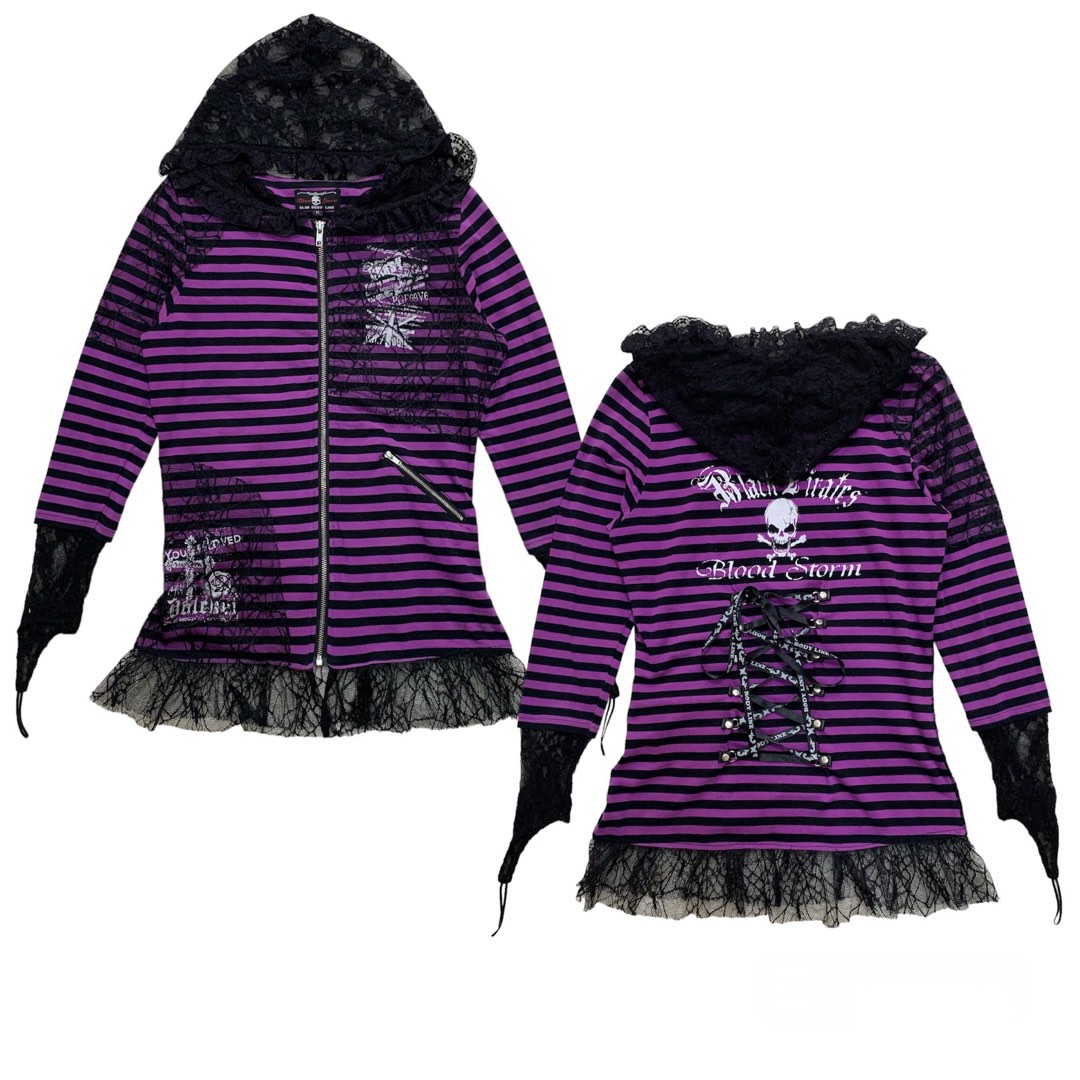 Rare Blood Storm Web Zip-Up Lace Hooded Striped Jacket # visual kei ...