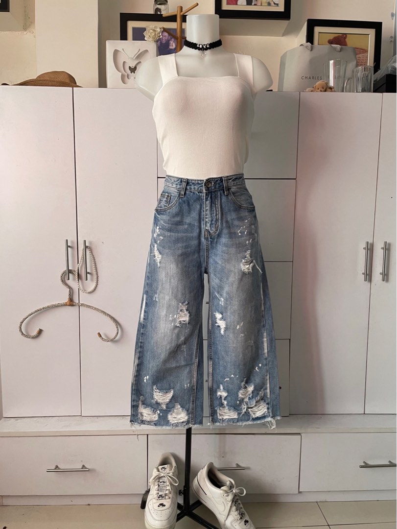 Rare Jorts Distressed Tattered Paint Splashed Raw Hem Denim Blue Wash ...