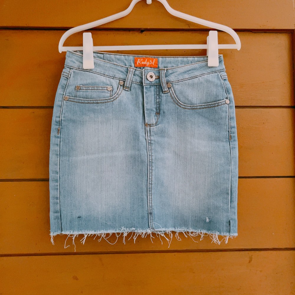 Red Girl blue denim skirt maong party casual, Women's Fashion, Bottoms ...