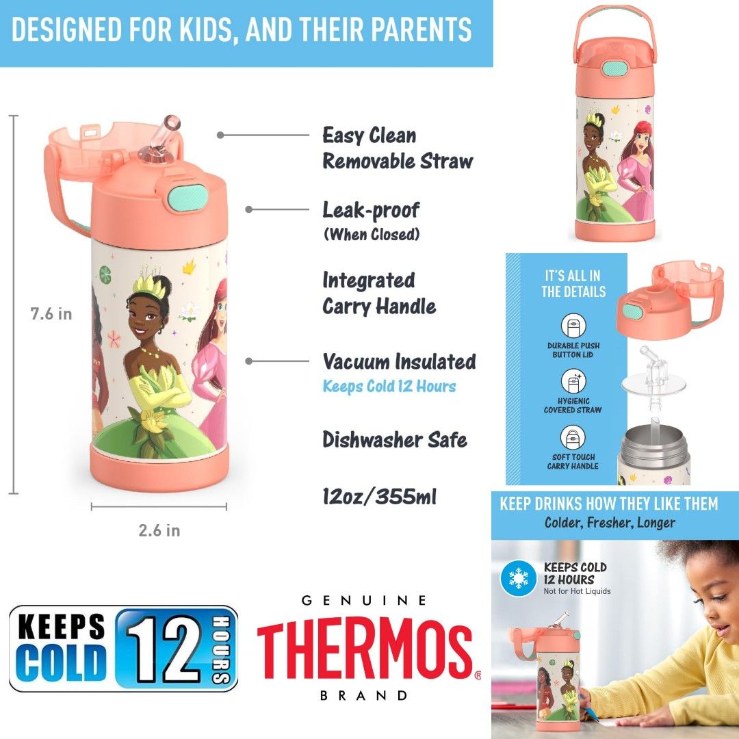 BN: THERMOS FUNTAINER 12 Ounce Disney Princess Ariel Mermaid Belle Beauty and The Beast ...