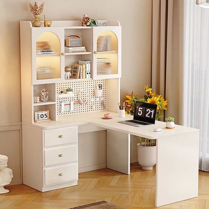 [Free Delivery] Solid Wood L Shape Desk Double Desk Double Table Glass ...