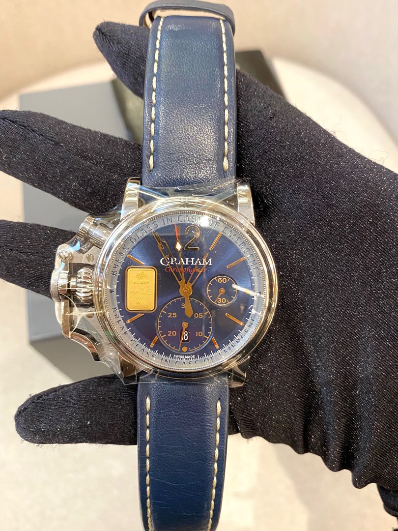 GRAHAM CHRONOFIGHTER VINTAGE GOLD EMERGENCY BLUE EDITION DIAL INLAID WITH 1G 999 GOLD BAR REF ...