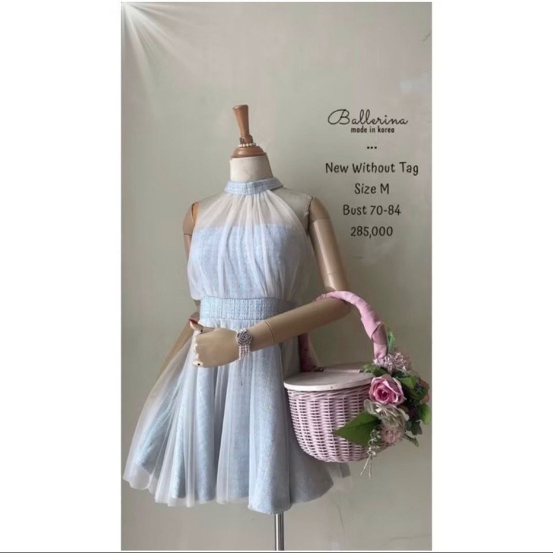 Mini Dress Tweed Tulle Tile Halterneck Pita Lucu Premium Mewah Flare ...