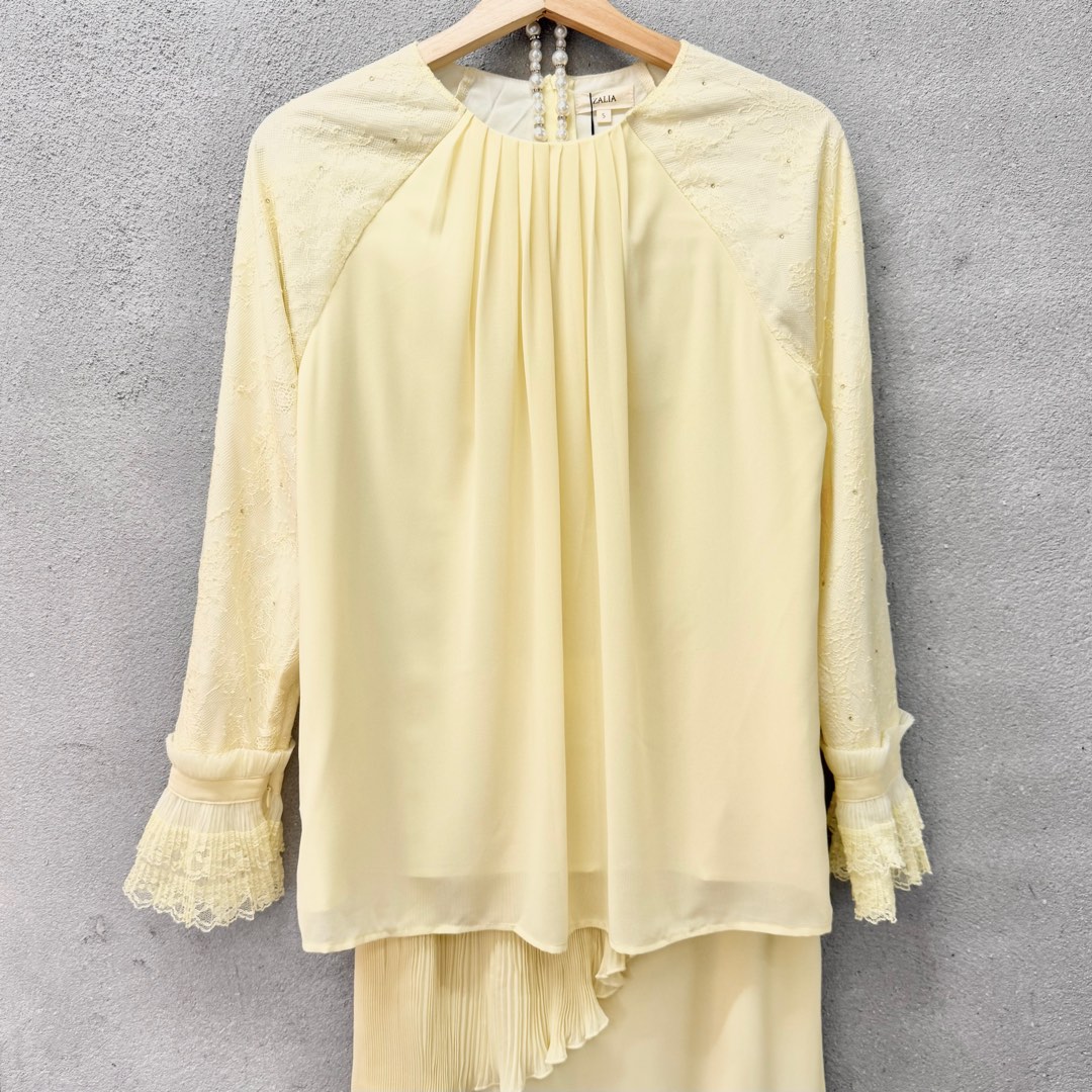 Zalia Baju Raya Kurung Moden Chiffon Lace Yellow, Women's Fashion ...