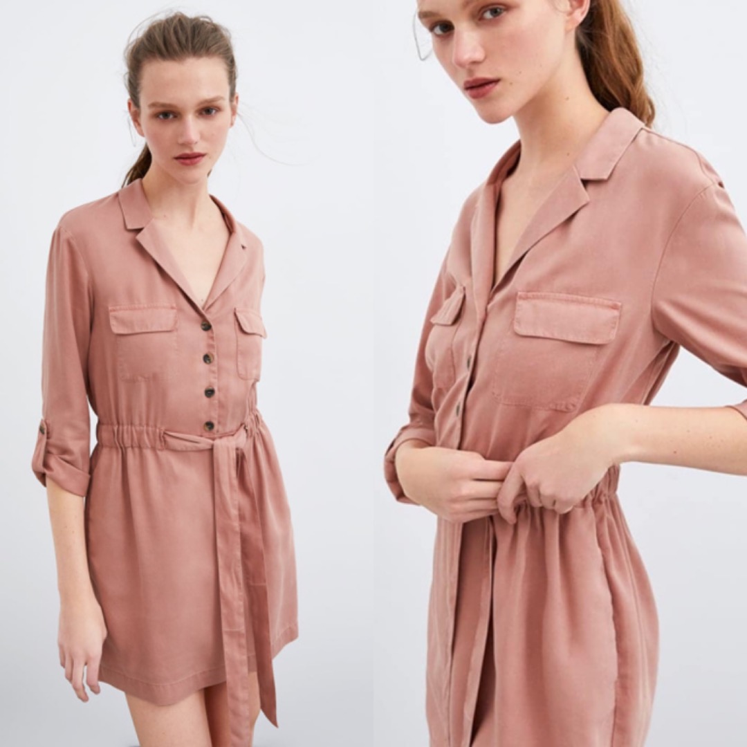 Zara Samon Pink Collared Buttoned Belted Dress, Women's Fashion, Dresses & Sets, Dresses on ...